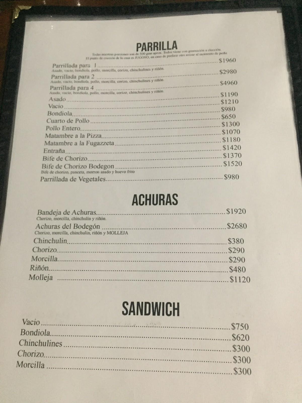 Carta del restaurante El Bodegon del Güemes, Ciudad Evita