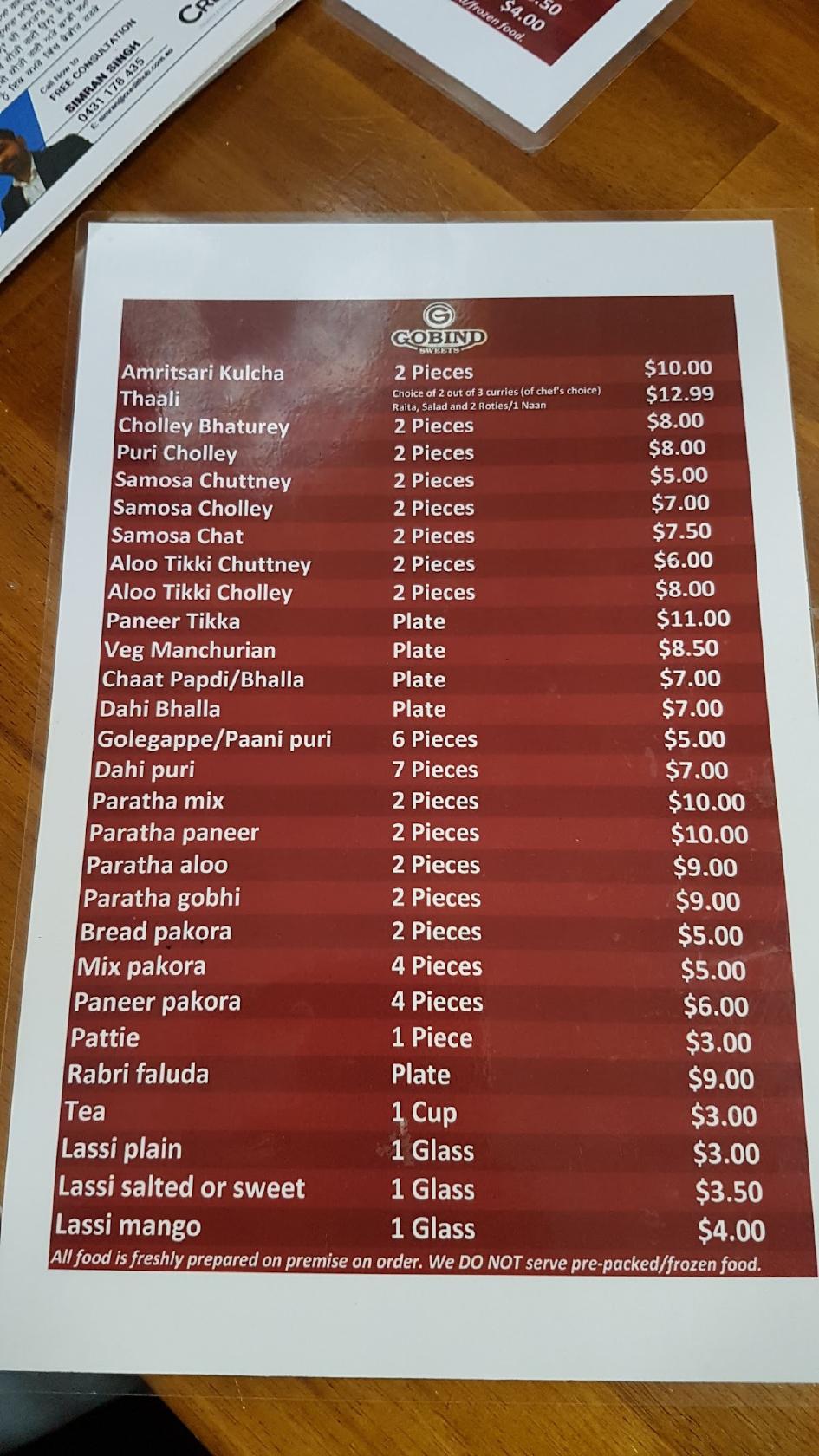 Menu at Gobind Sweets restaurant, Thomastown