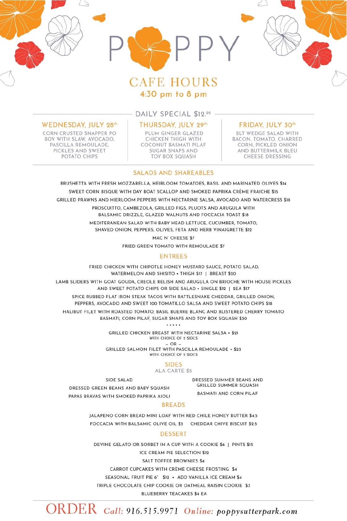 Menu at Poppy by Mama Kim restaurant, Sacramento