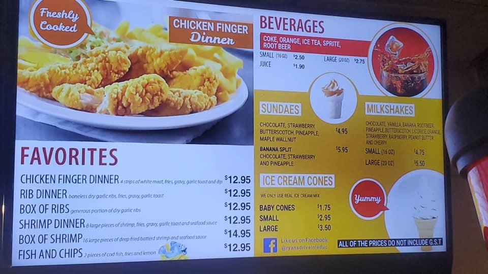Menu at Ryan's Drive In fast food, Leduc