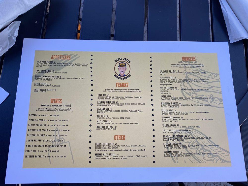 Menu at Shaky Jake’s Burgers & Franks restaurant, Broken Arrow
