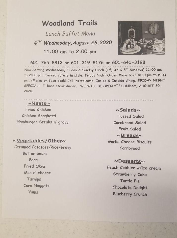 Menu at Woodland Trails restaurant, Collins