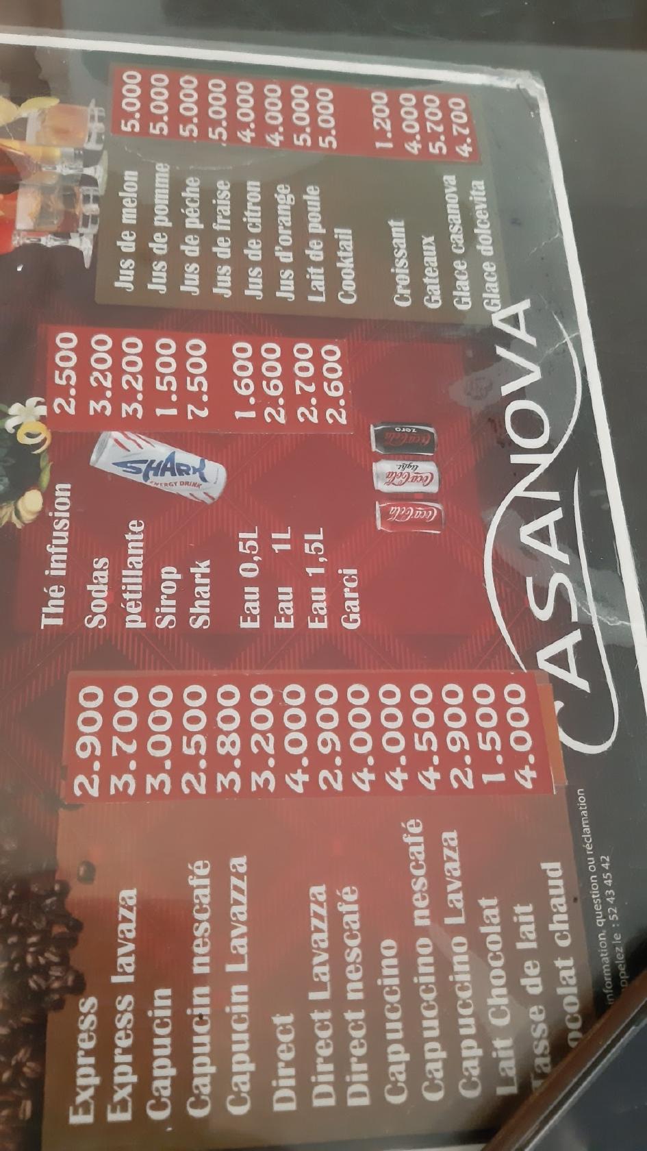 Menu at café casanova cafe, Tunis
