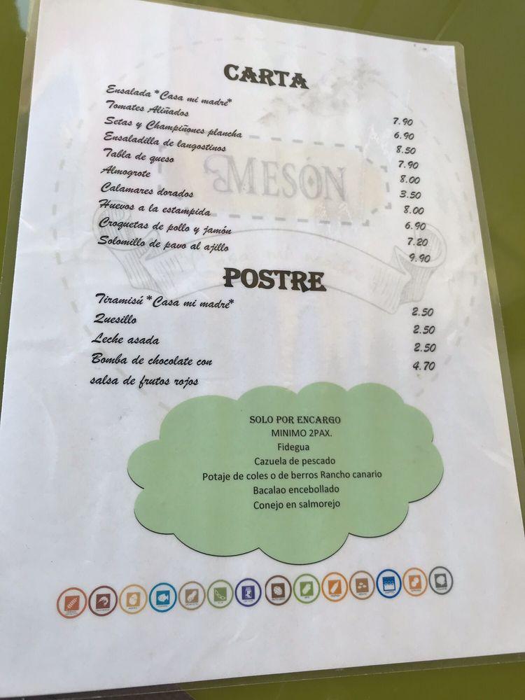 Menu at Mesón Casa Mi Madre desserts, San Juan de la Rambla
