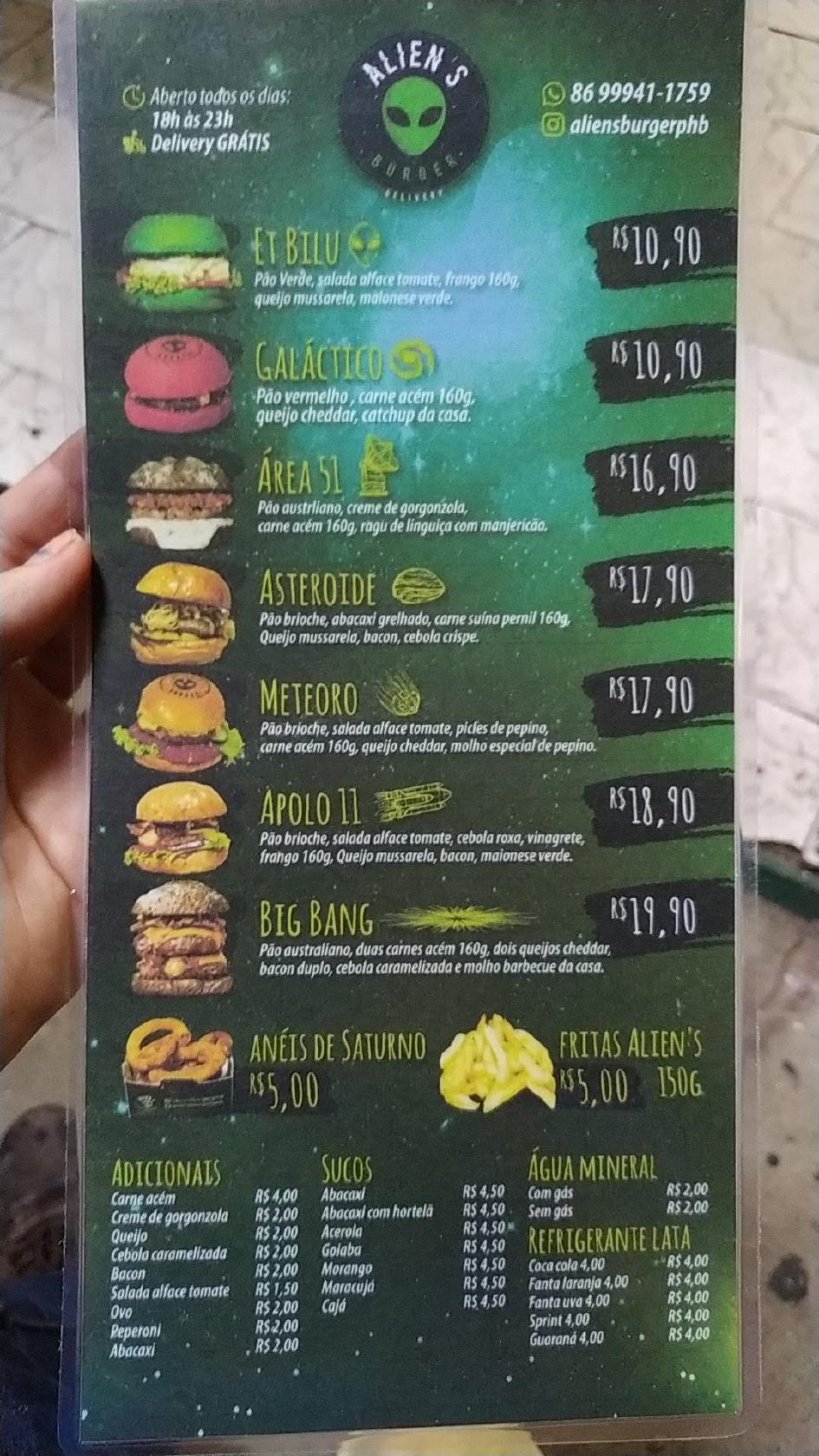 Menu at Alien's Burguer restaurant, Parnaíba