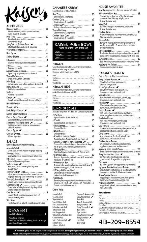 Menu at Kaisen Restaurant, Agawam