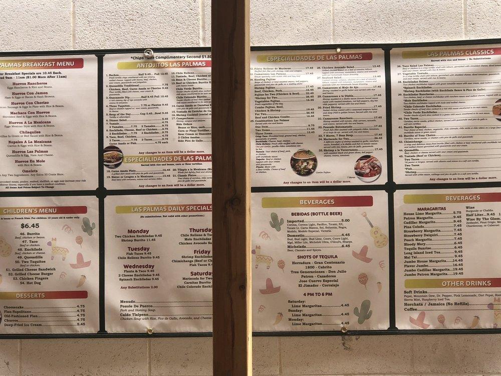 Menu at Las Palmas Mexican Cuisine restaurant, Yucca Valley