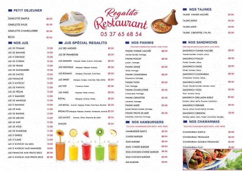 Menu au Regalito restaurant & pizzeria Rabat, Rabat