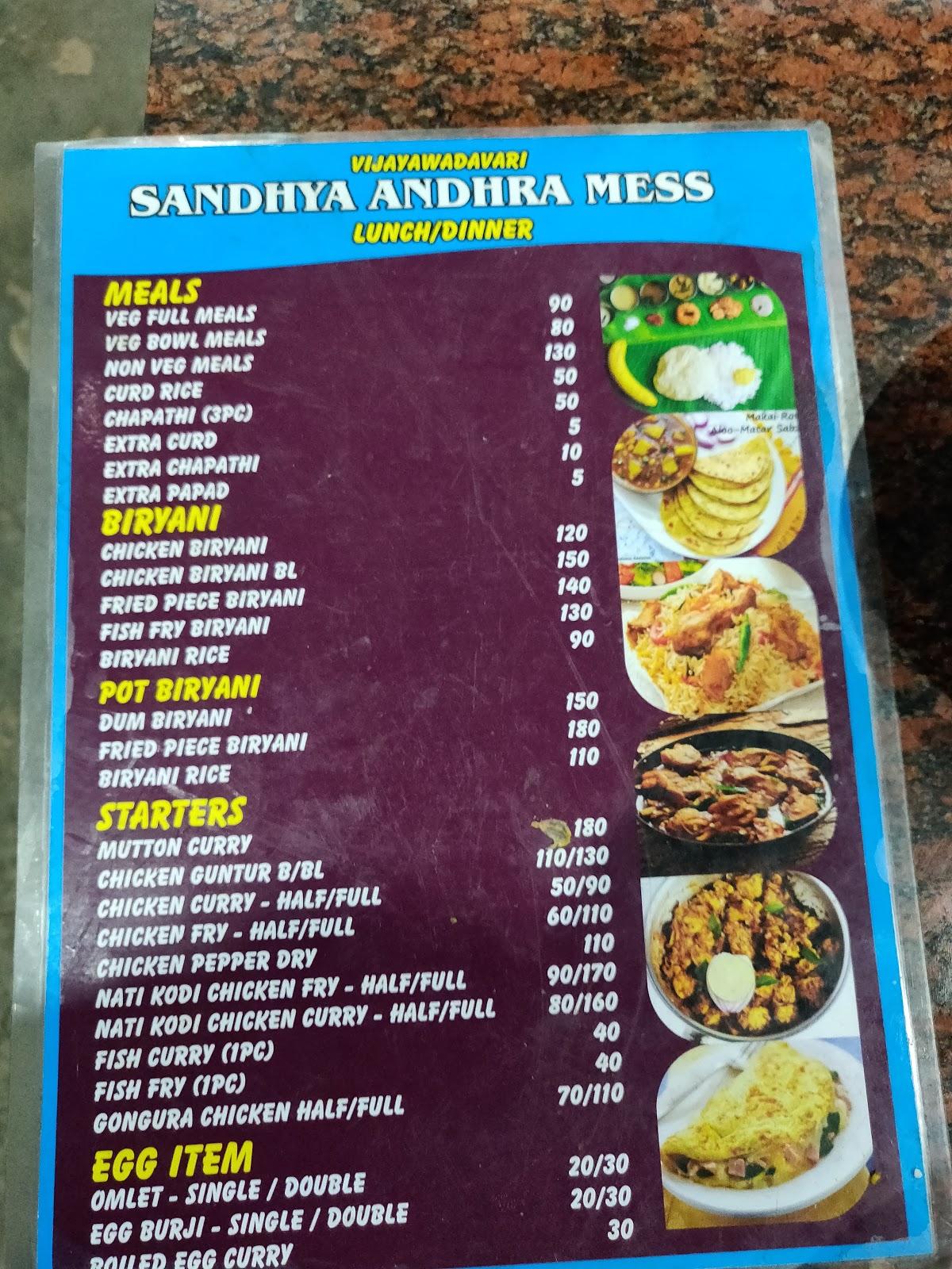 Menu at Sandhya Andhra Mess, Bengaluru, RMX5+543