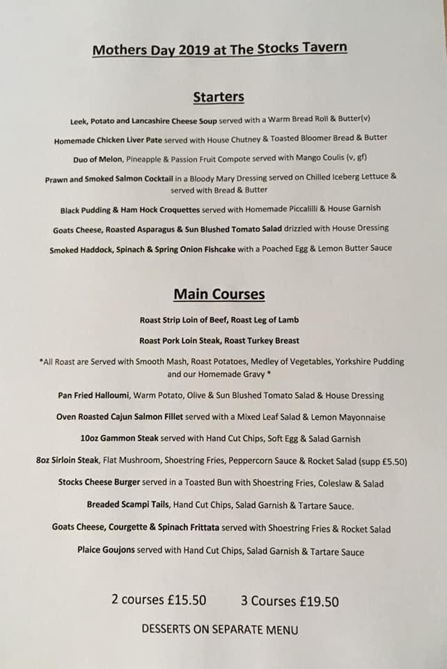 Menu at Stocks Tavern pub & bar, Up Holland