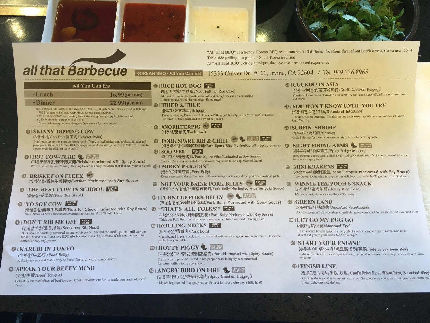 Menu at All That Barbecue, Irvine