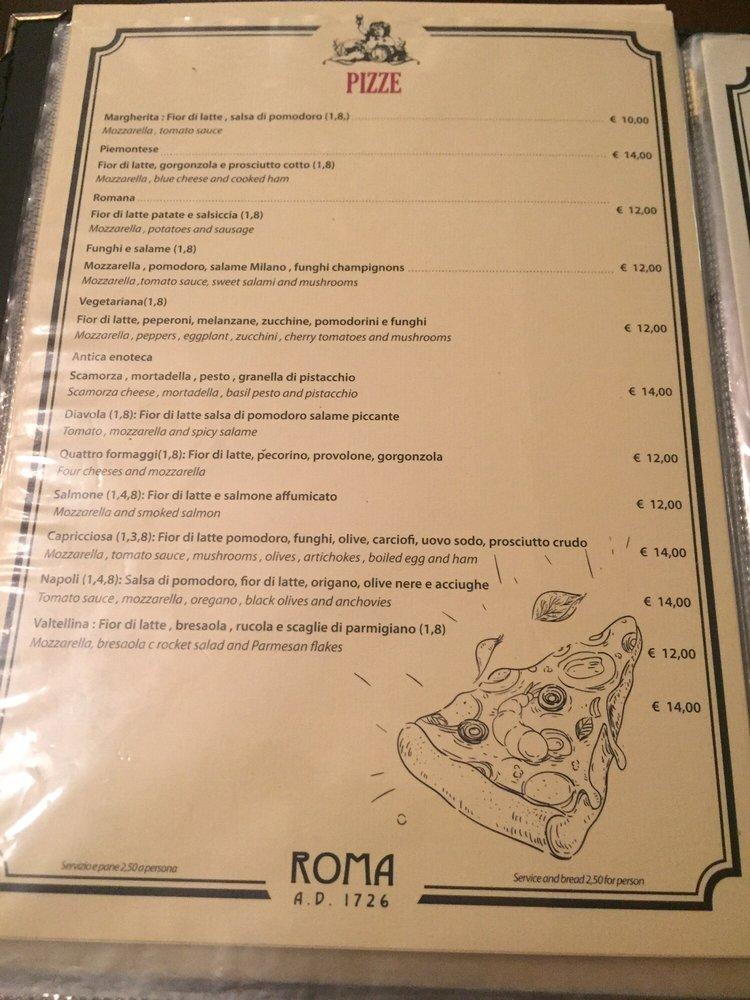 Menu at Antica Enoteca pub & bar, Rome, Via Della Croce