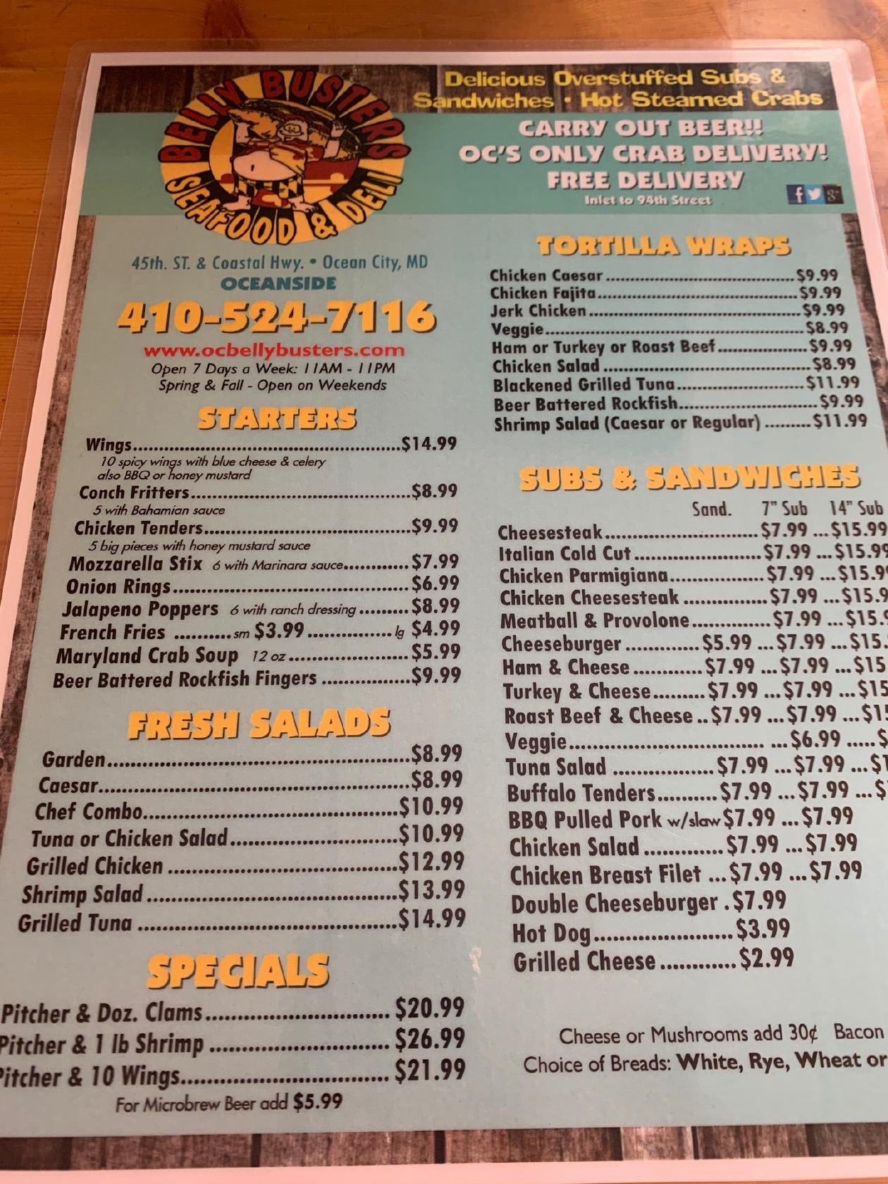 Menu at Belly Busters restaurant, Ocean City