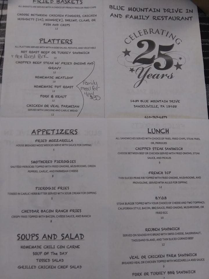 Menu at Blue Mountain Drive-In restaurant, Danielsville, Blue Mountain Dr