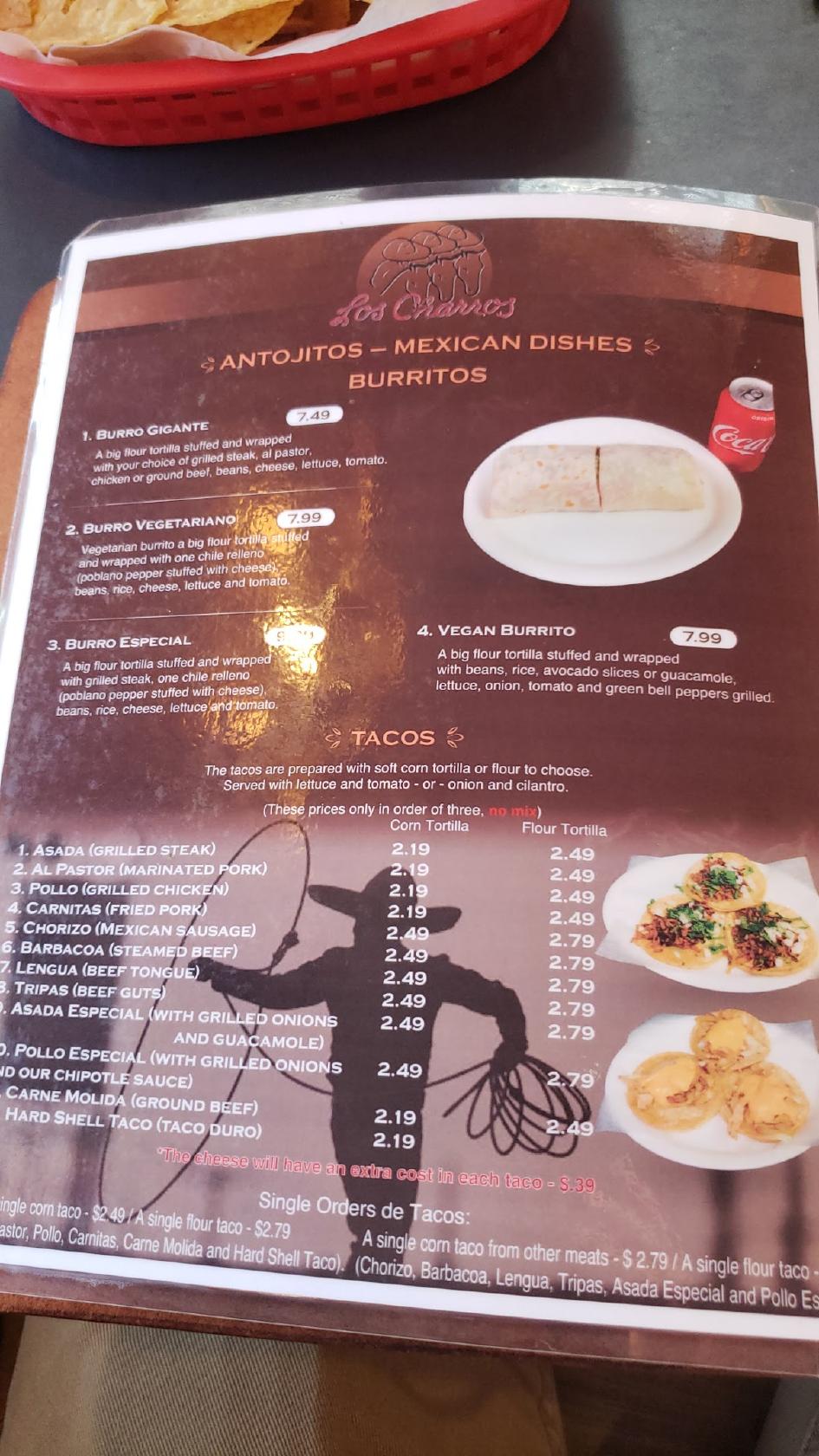 Menu at Los Charros restaurant, East Moline