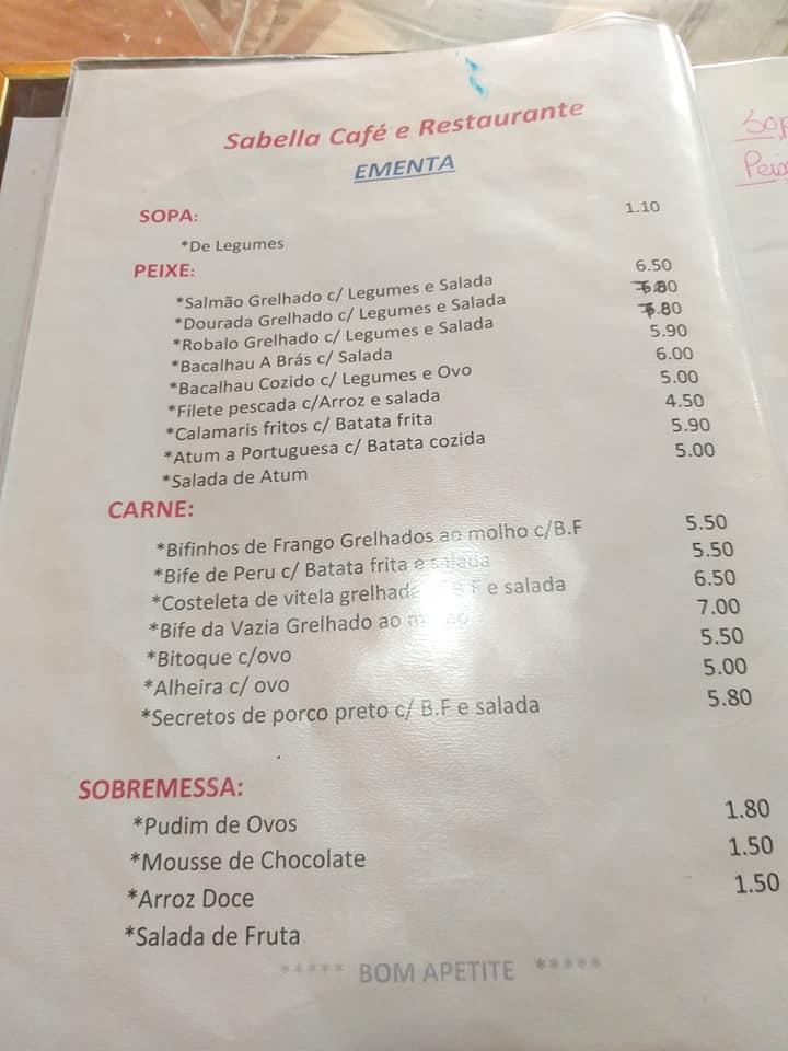 Menu at Sabella Cafe, Lisbon, Rua do Conde de Redondo 143 A