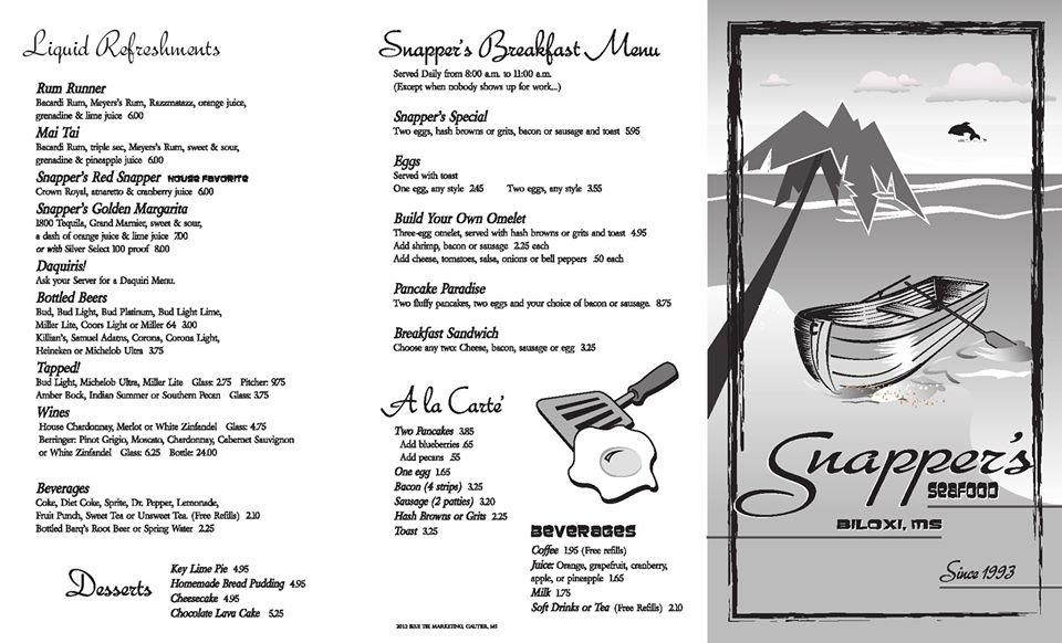 Menu at Snapper's Seafood restaurant, Biloxi, Beach Blvd