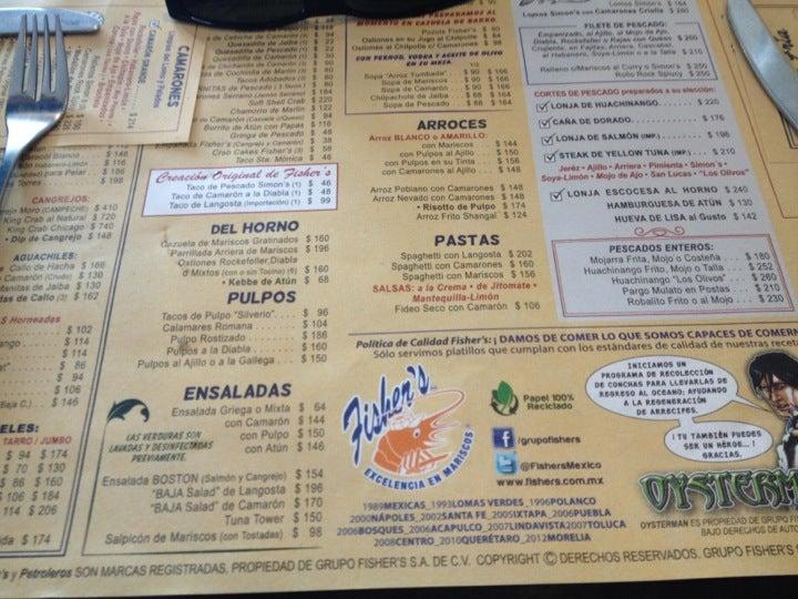 Menu at Fisher's Morelia restaurant, Morelia, Av. Montana Monarca Norte ...