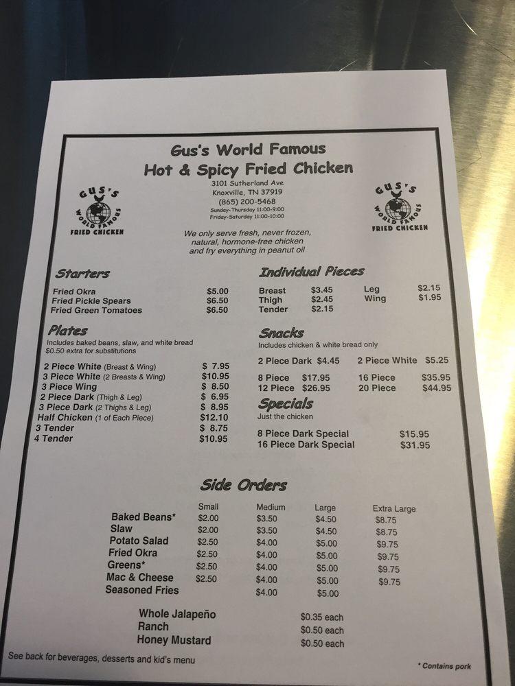 Menu at Gus's World Famous Fried Chicken restaurant, Knoxville
