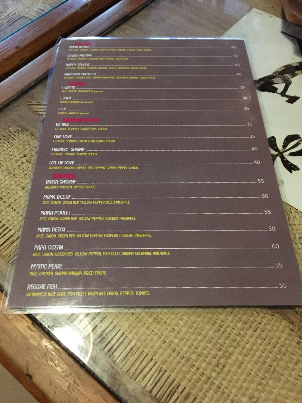 Menu at Mama Afrika restaurant, Marrakesh