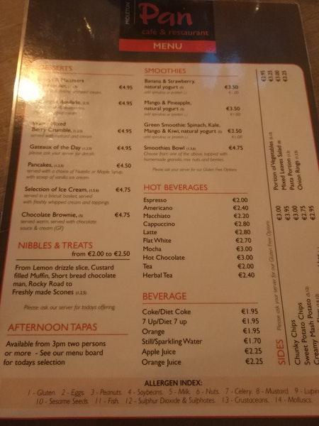 Menu at PAN cafe, Midleton
