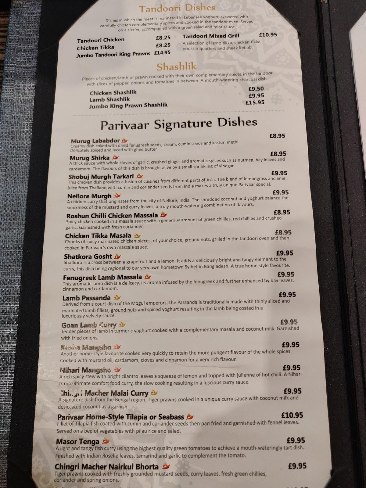 Menu at Parivaar restaurant, Mold