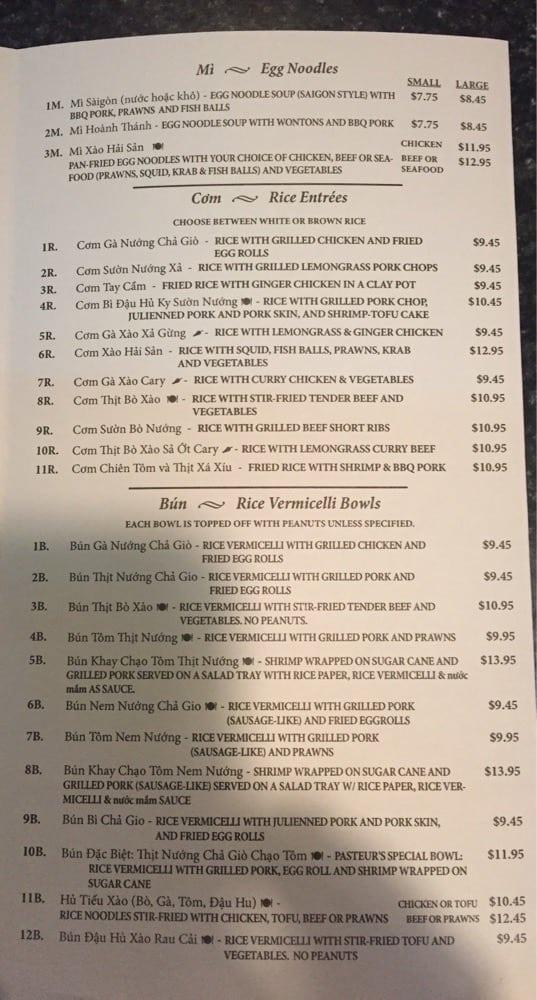Menu at Pasteur's Noodle Soup restaurant, Everett
