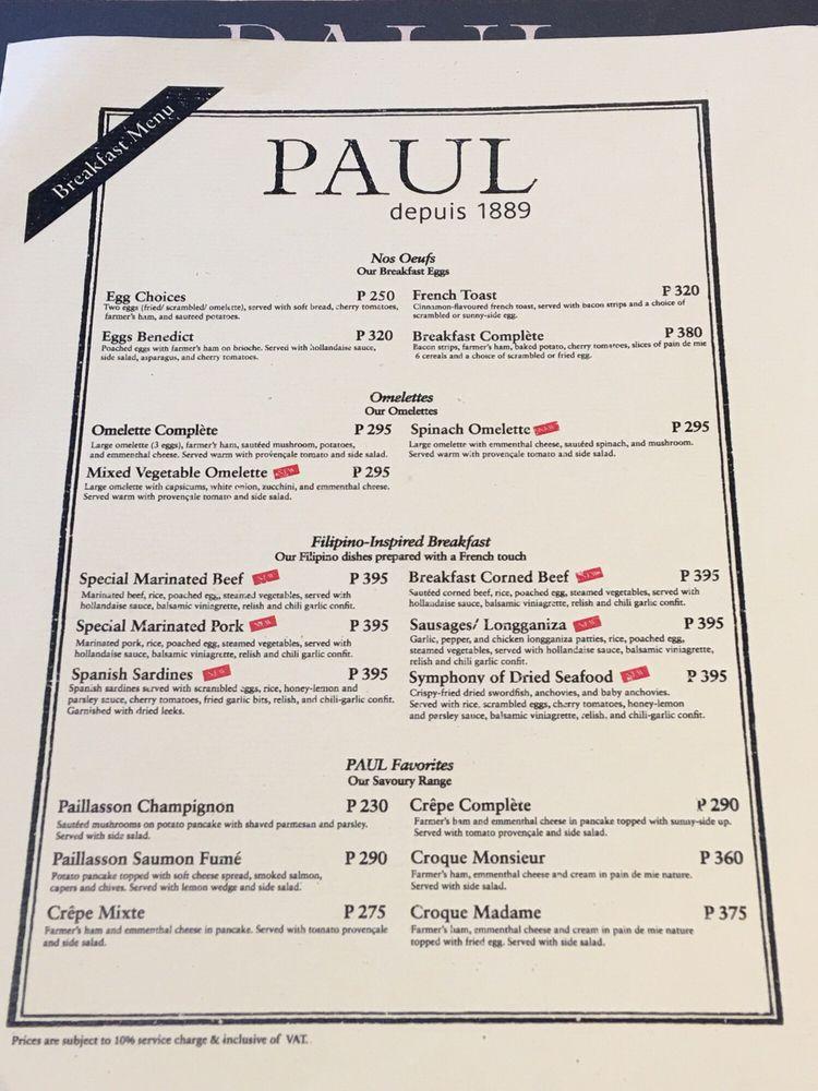 Menu at Paul Boulangerie et Patisserie cafe, Taguig, G/F Bench Tower