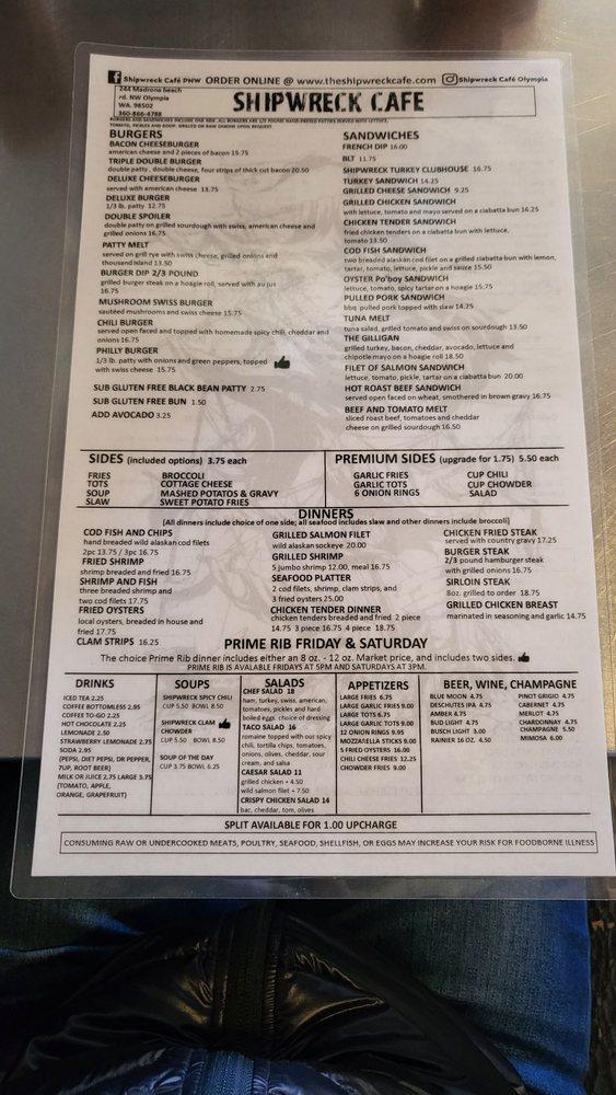 Menu at Shipwreck Cafe, Olympia