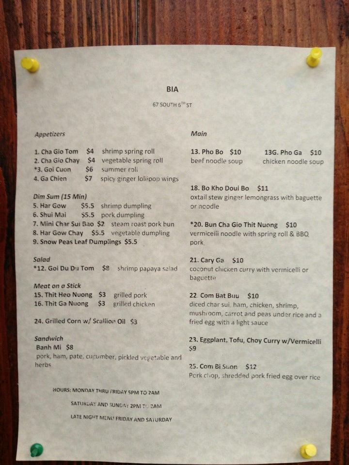 Menu at Bia pub & bar, New York City, 67 S 6th St
