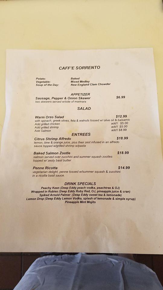 Menu at Sorrento cafe, Milford, 143 Central St