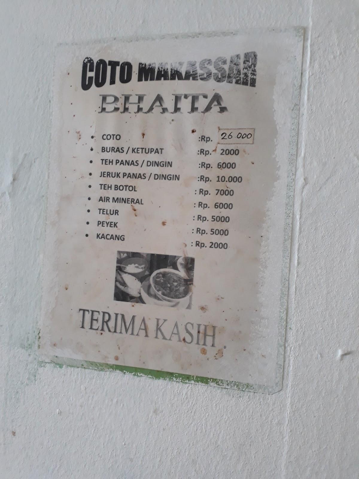 Menu at Coto Makassar Baitha restaurant, Sorong, Tembok