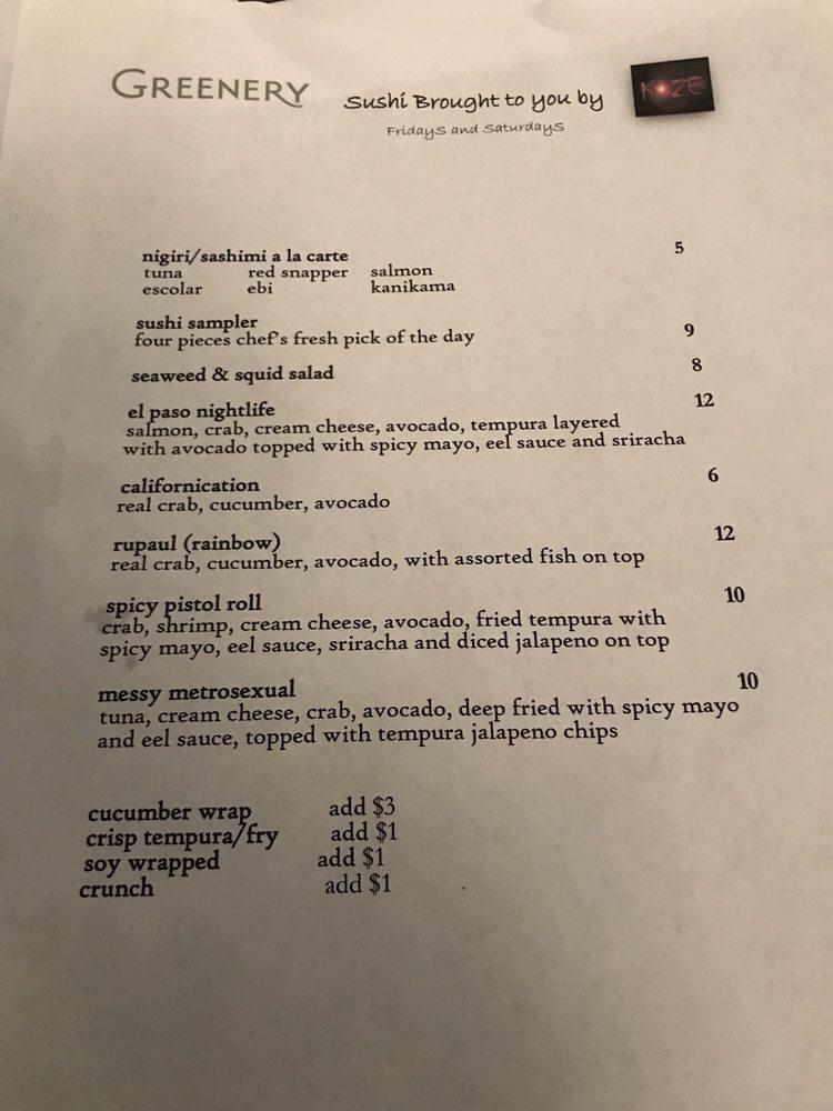 Menu at Greenery Restaurant, El Paso, 750 Sunland Park Dr