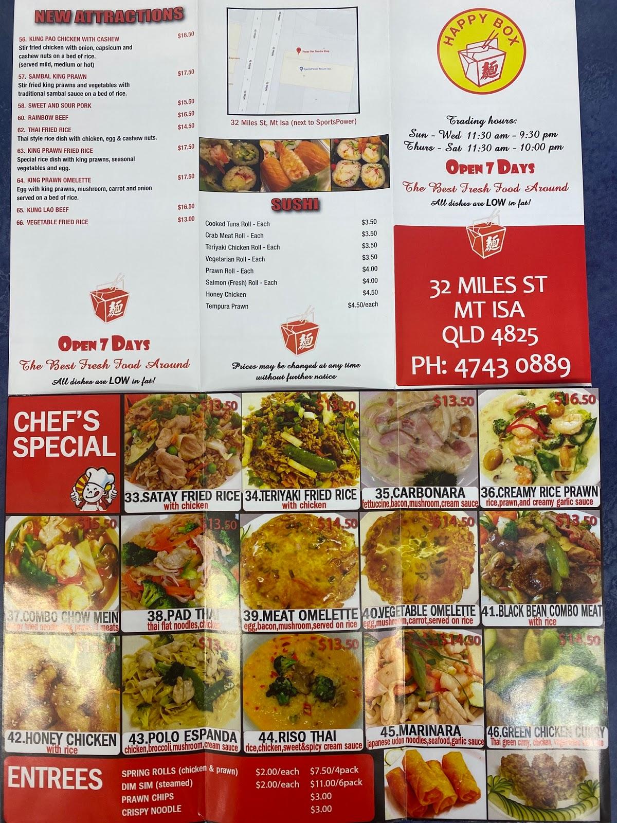 Menu at Happy Noodle Box restaurant, Mount Isa