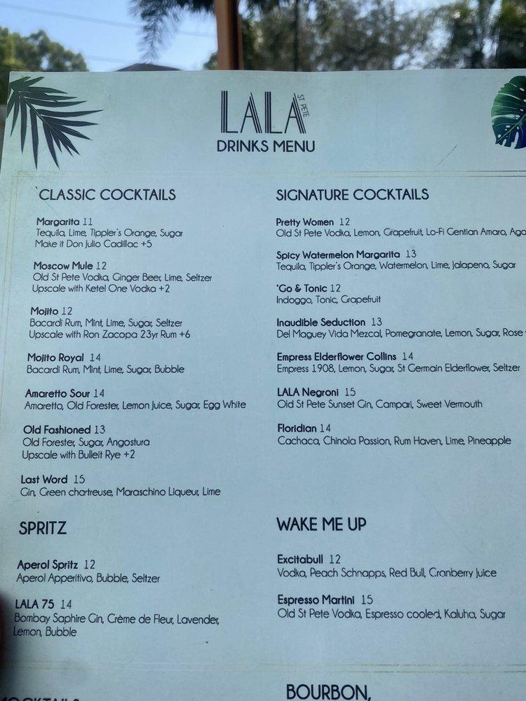 Menu at LALA St. Pete pub & bar, Saint Petersburg