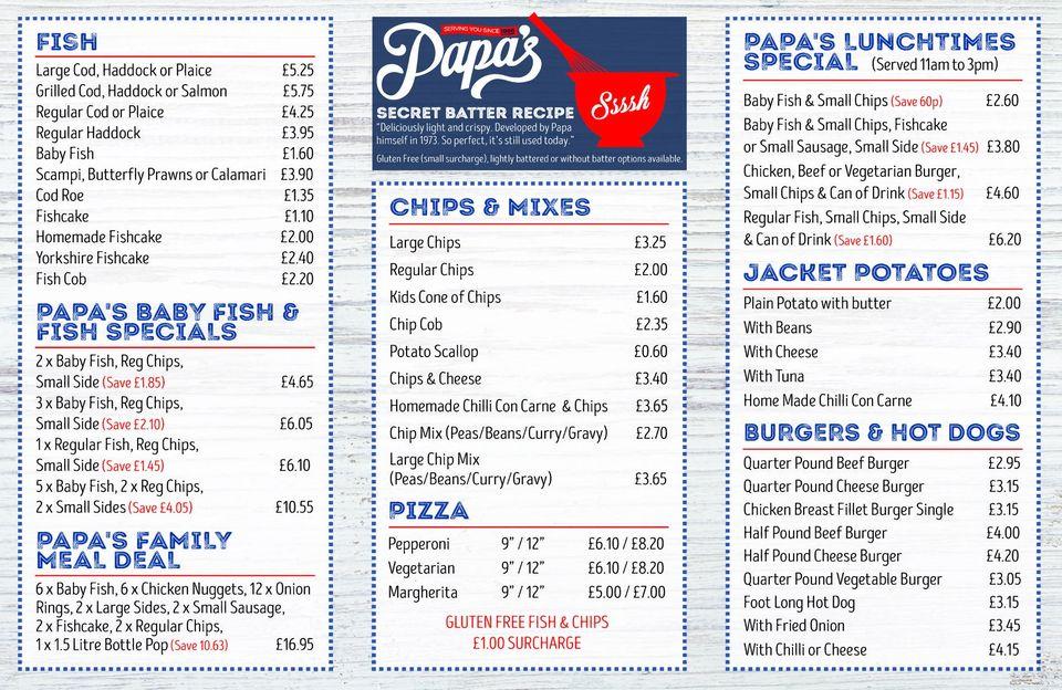 Menu at Papa's fast food, Worksop