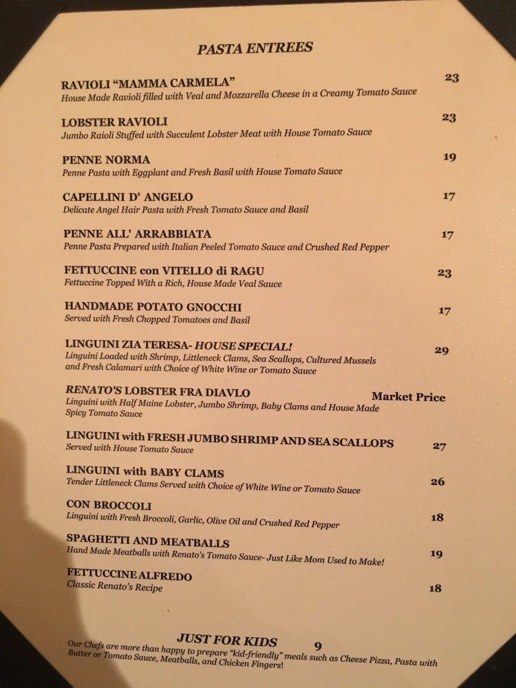 Menu at Renato’s at River Falls pizzeria, Potomac