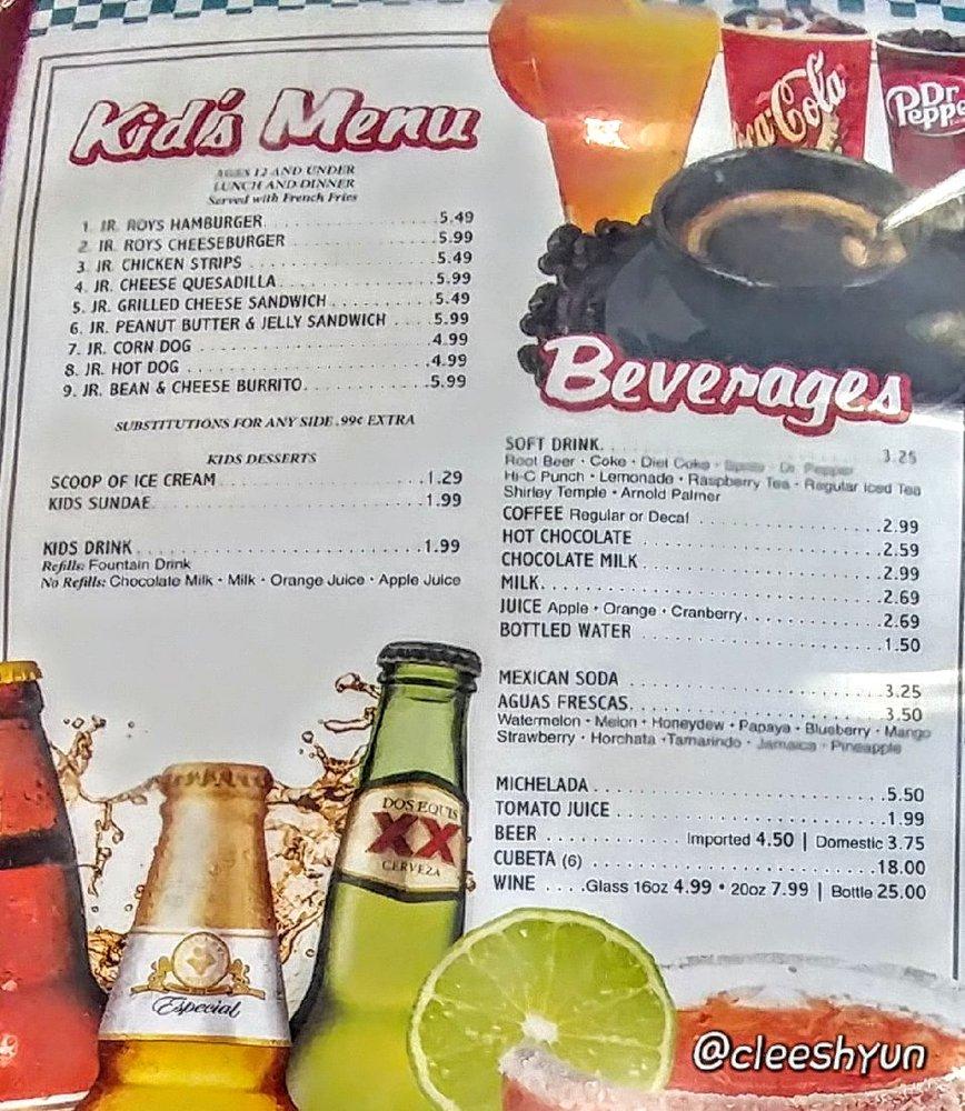 Menu at Roy's Cafe, Barstow