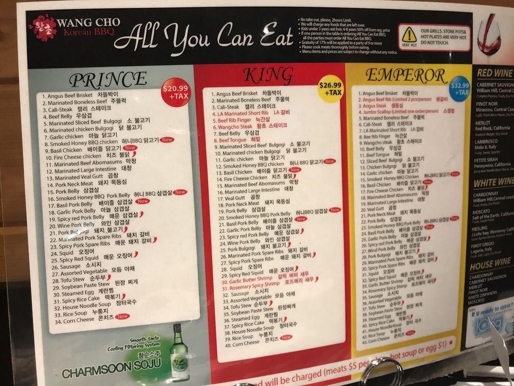 Menu at Wang Cho Korean BBQ, Riverside