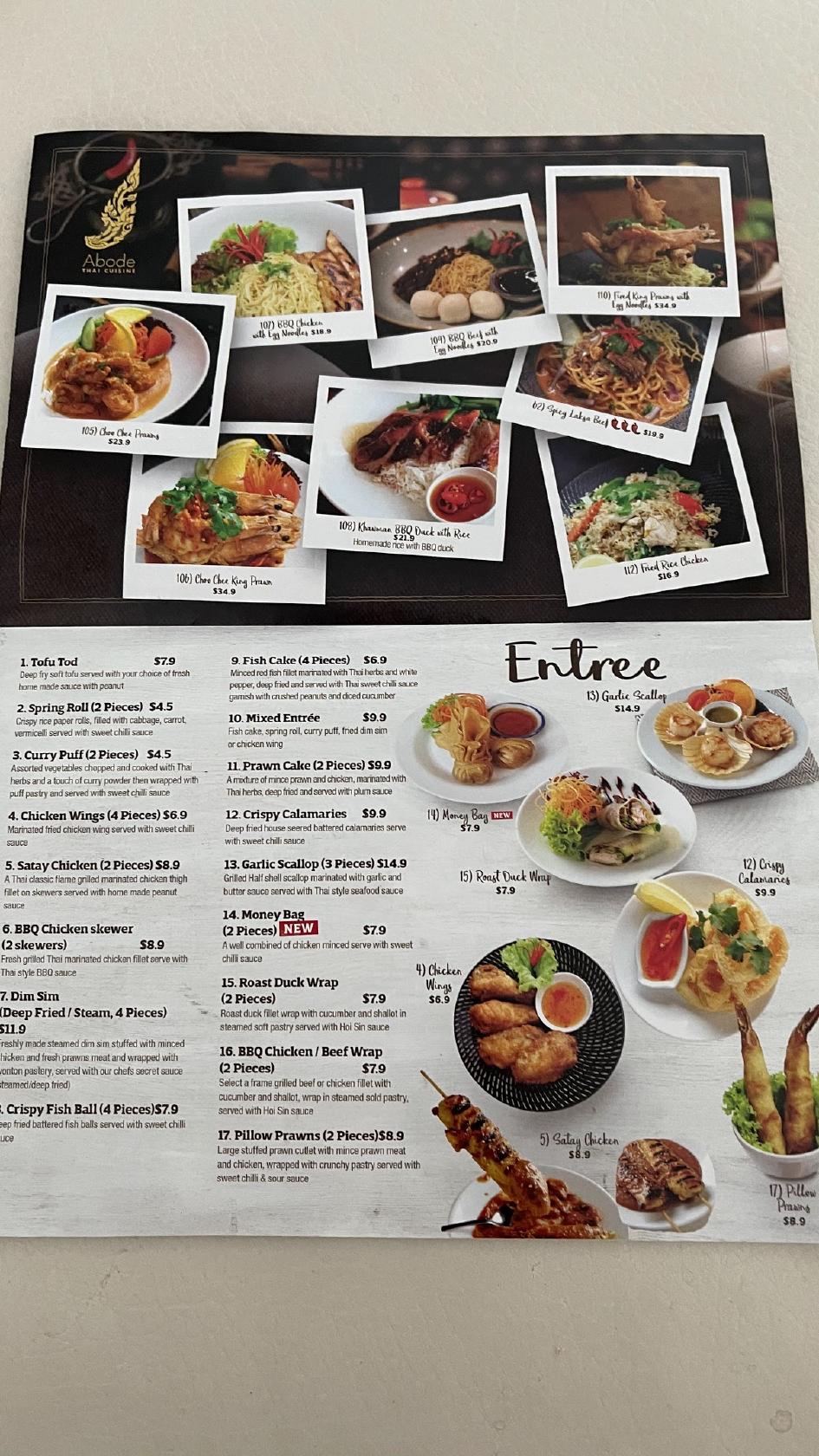 Menu at Abode Thai Cuisine restaurant, Brighton-Le-Sands