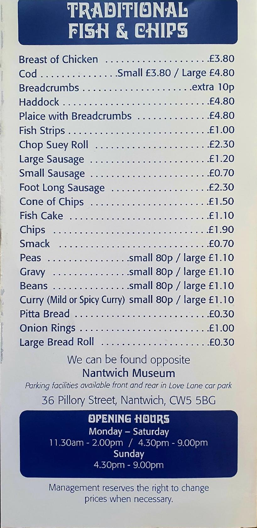 Menu at Coral Reef fast food, Nantwich, 36 Pillory St
