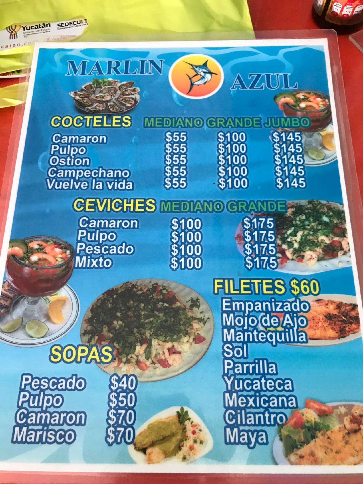 Menu at El Marlin Azul restaurant, Merida