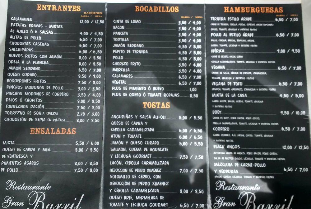 Menu at Cafeteria Gran Via, Madrid, P.º de los Jesuitas