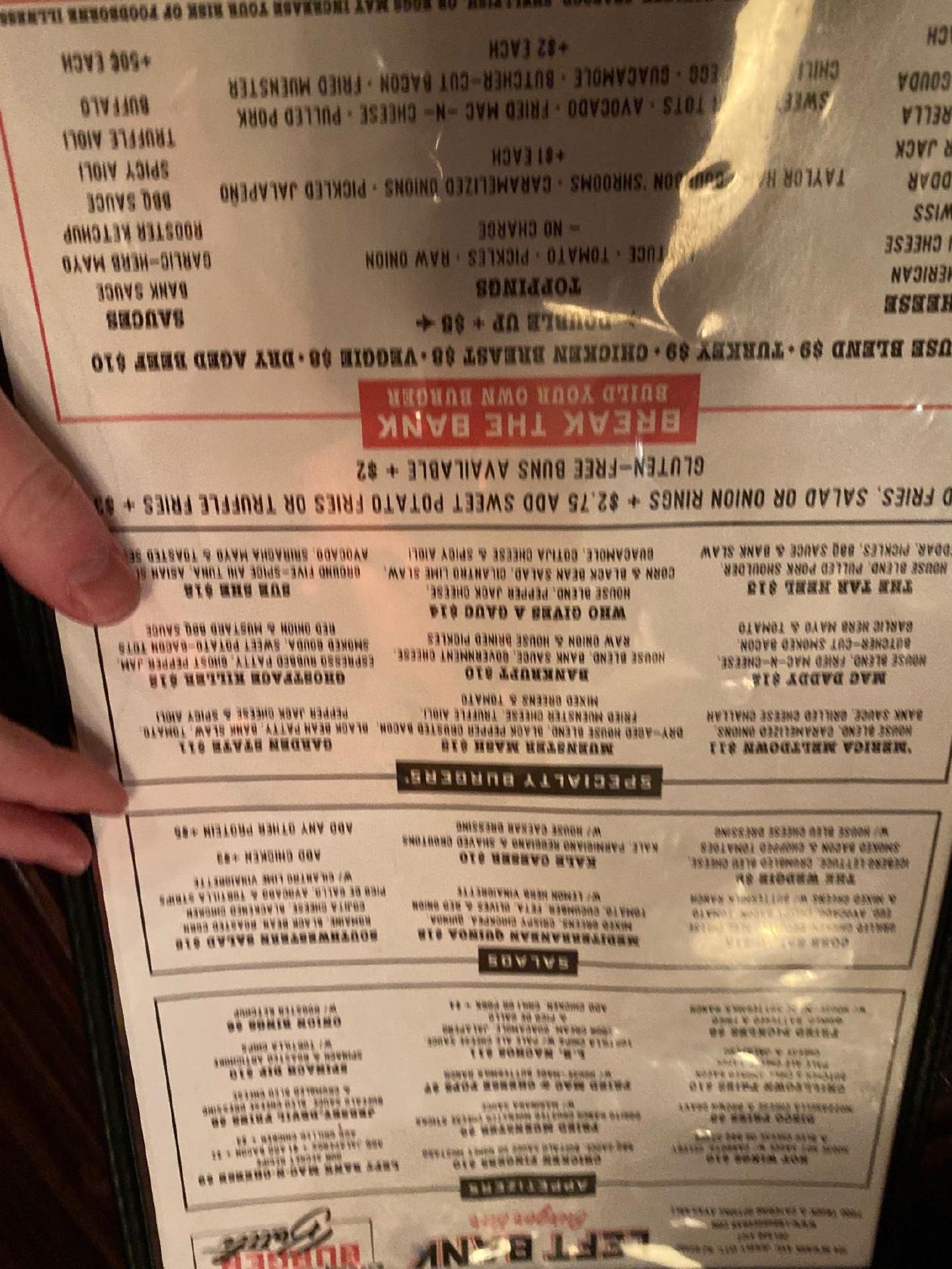 Menu at Left Bank Burger Bar, Jersey City