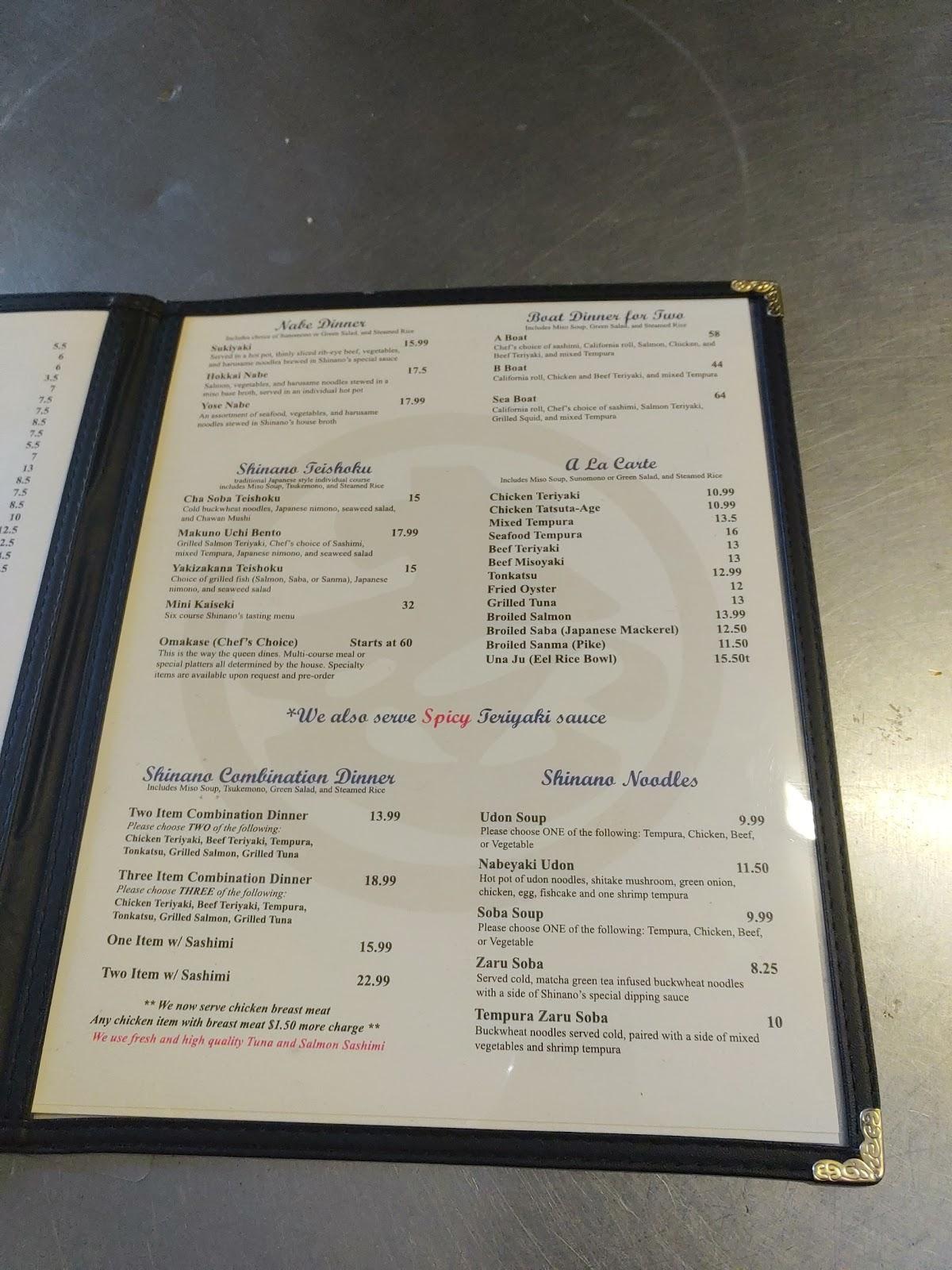 Menu at Shinano Restaurant, Monterey Park