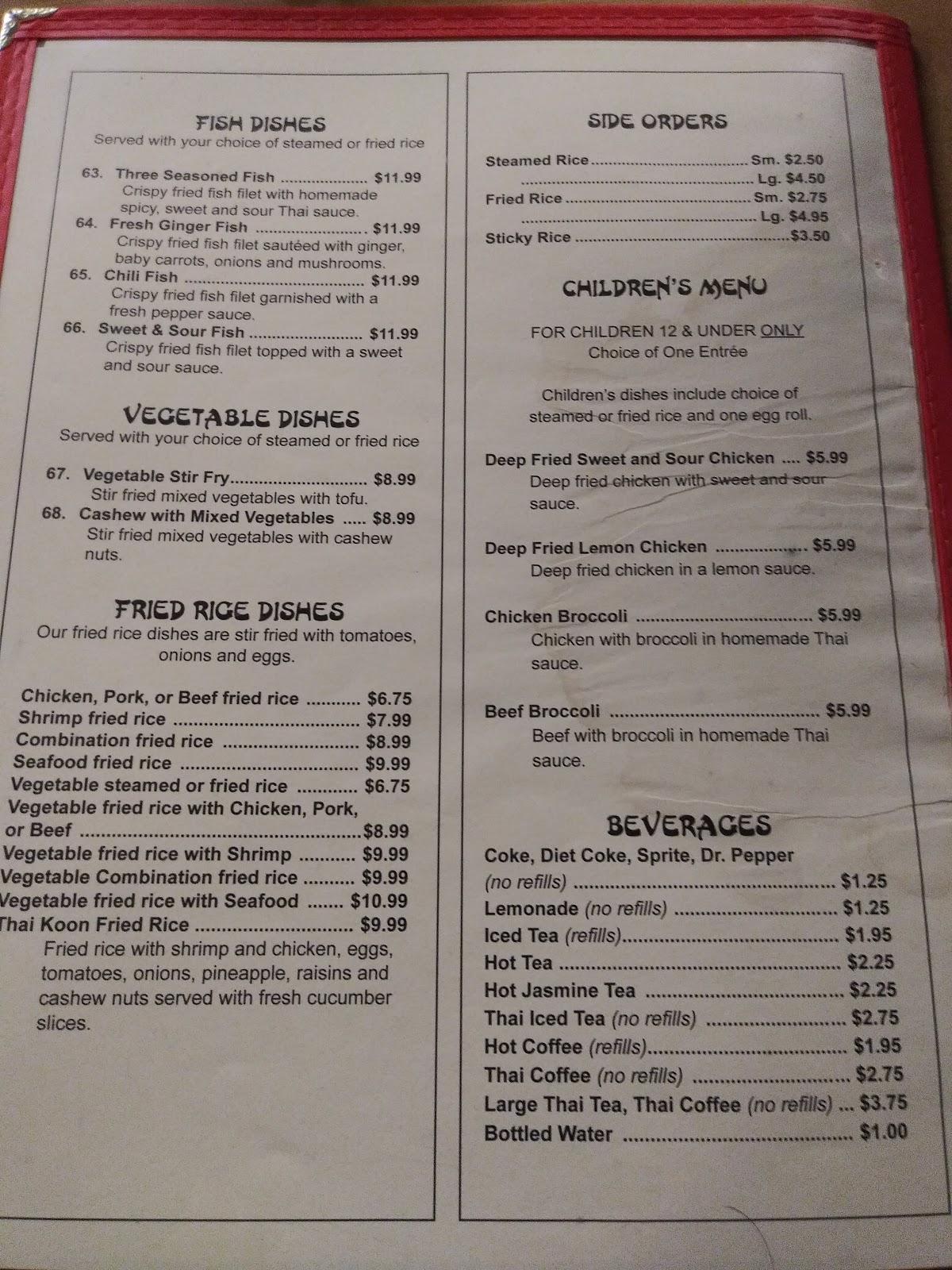 Menu at Thai Koon restaurant, Amarillo