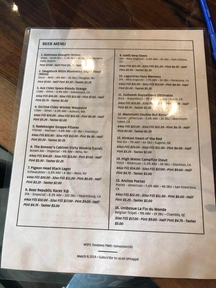 Menu at The 395 Craft Beer & Spirits pub & bar, Reno