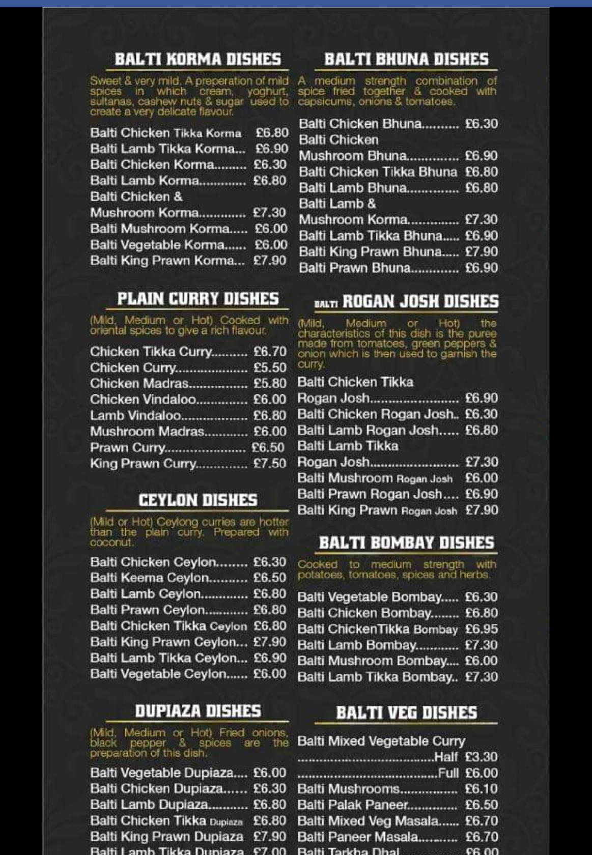 Menu at The Balti Night restaurant, Coalville