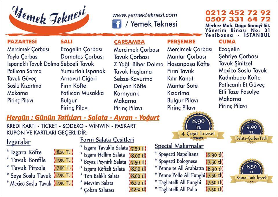 Menu at Yemek Teknesi, Istanbul, Prof. Dr. M.Nevzat Pisak Cad.