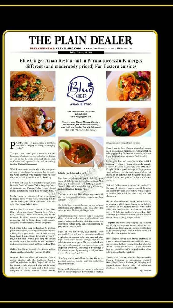 Menu at Blue Ginger Asian Bistro restaurant, Parma